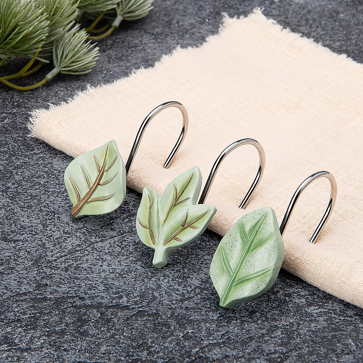 MitoVilla Plant Leaves Decorative Shower Curtain Hooks, Green Tropical Botanical Shower Hooks for Tree Leaf Shower Curtain & Liner, Rust Proof Eucalyptus Shower Curtain Rings, 12 PCS