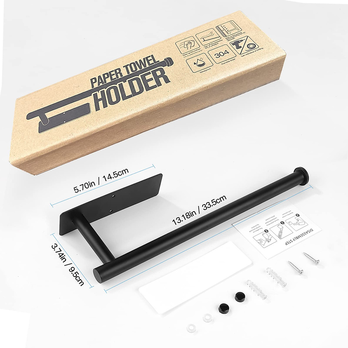 Paper Towel Holder - Self Adhesive or Drilling, Under Cabinet Black Paper Towel Rack, SUS304 Stainless Steel Wall Mount Towel Paper Holder for Kitchen, Pantry, Sink, Bathroom