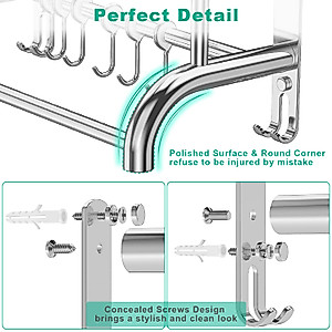 Towel Racks for Bathroom wall mounted, Adjustable 15 to 26 Inch Double Towel Bar for Bathroom, Favbal 304 Stainless Steel Bath Towel Holder with Shelf and 6 Hooks (Silver)