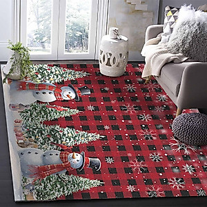Christmas Snowman Area Rugs Xmas Tree Snowflake Red and Black Buffalo Plaid Non-Slip Washable Rug Indoor Rug Floor Mats Non Shedding Carpet for Living Room Bedroom Dining Room Home Decor 2.7x5 Ft