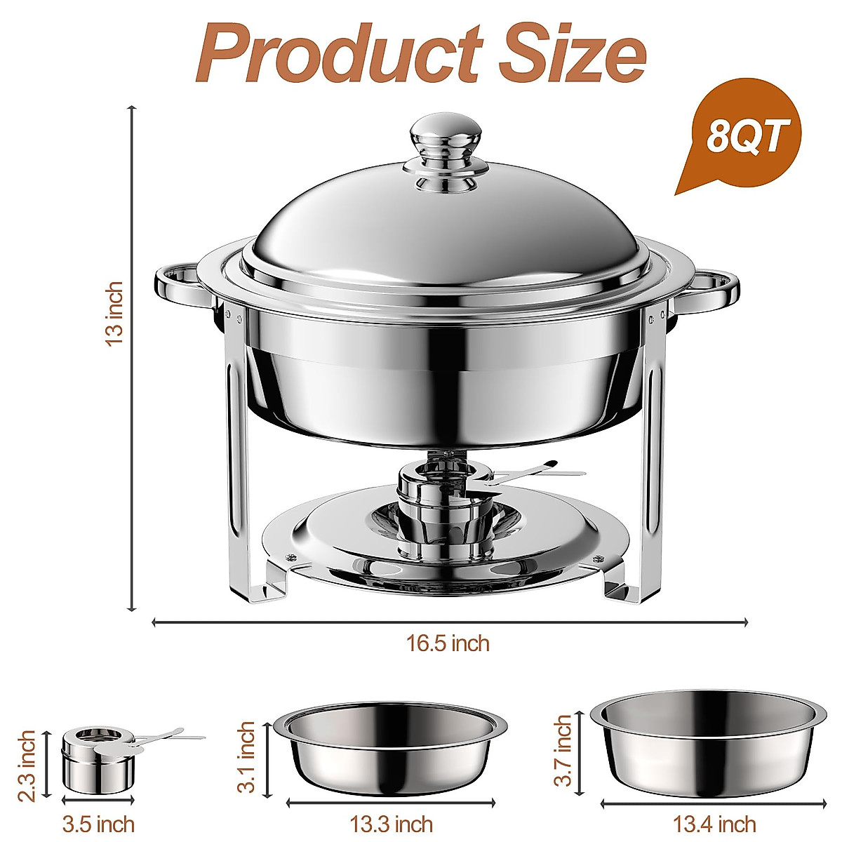4 Pack Round Chafing Dish Buffet Set,Stainless Steel 8QT Round Buffet Servers and Warmers, Thick Stand Frame Catering Chafe with Mirror Covers,Food Warmer for Party, Weddings,Picnic