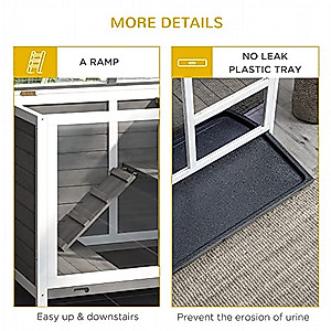 PawHut Indoor Rabbit Hutch with Wheels, Desk and Side Table Sized, Wood Rabbit Cage, Waterproof Small Rabbit Cage, Gray