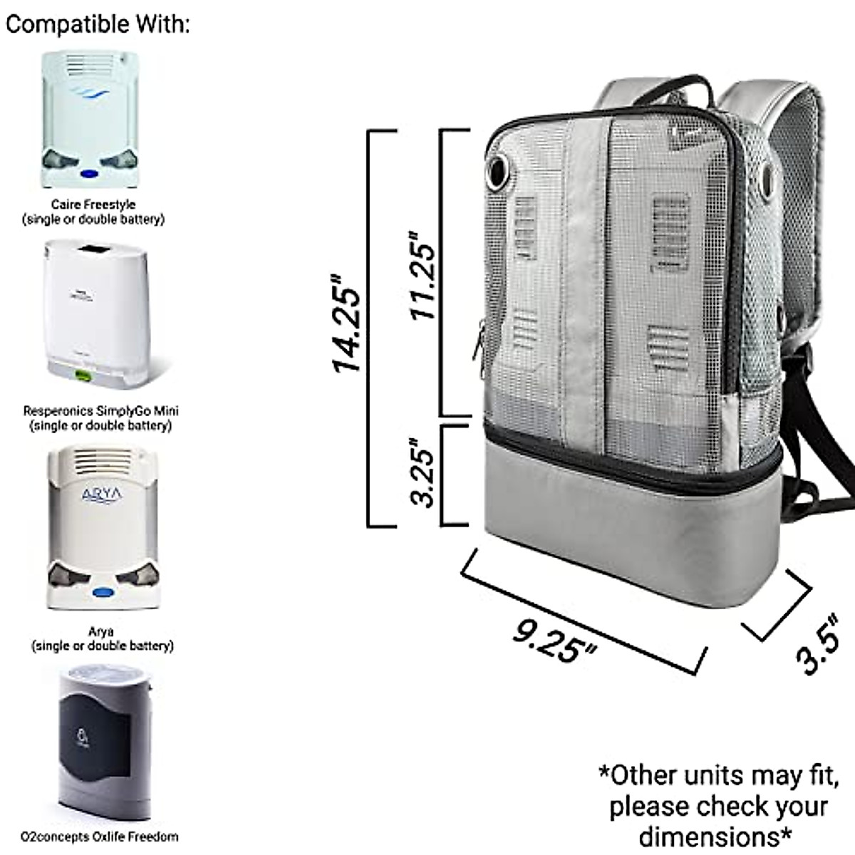 O2TOTES USA Mesh Backpack for Oxygen Concentrator Fits: Inogen One G3, Inogen One G5, Caire Freestyle Comfort, Respironics SimplyGo Mini (Fits: Respironics SimplyGo Mini & Caire Freestyle)