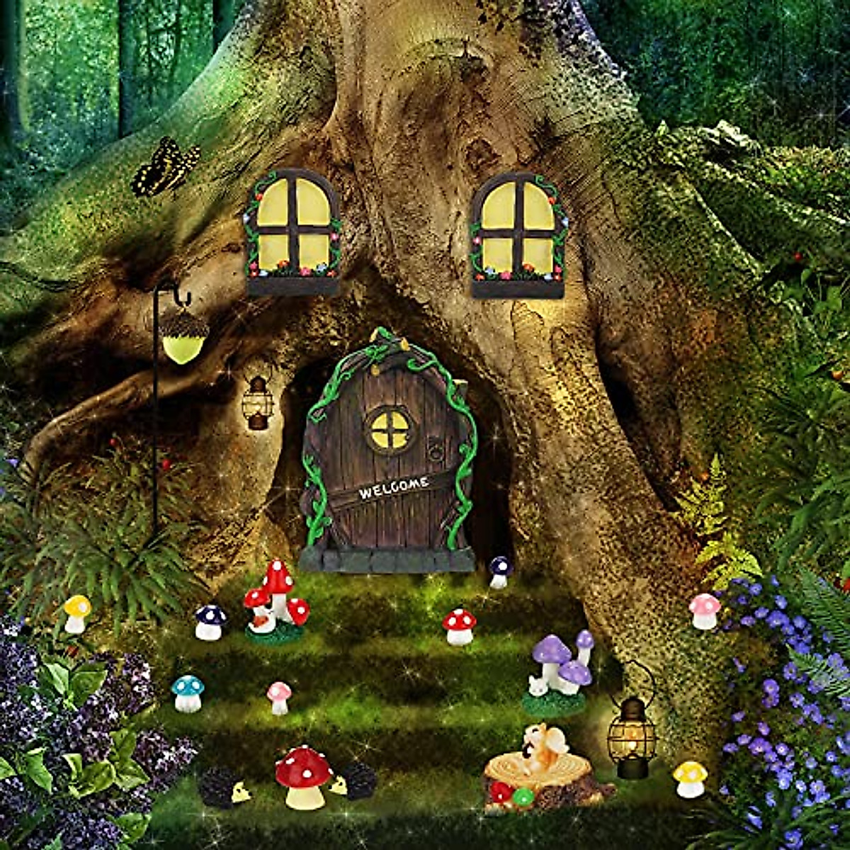 Jetec 21 Pieces Fairy Door and Window, Trees with 2 Window and Light Yard Sculpture Decoration for DIY Micro Landscape Ornament Kid Room, Wall and Tree Outdoor Miniature Fairy Garden Accessories