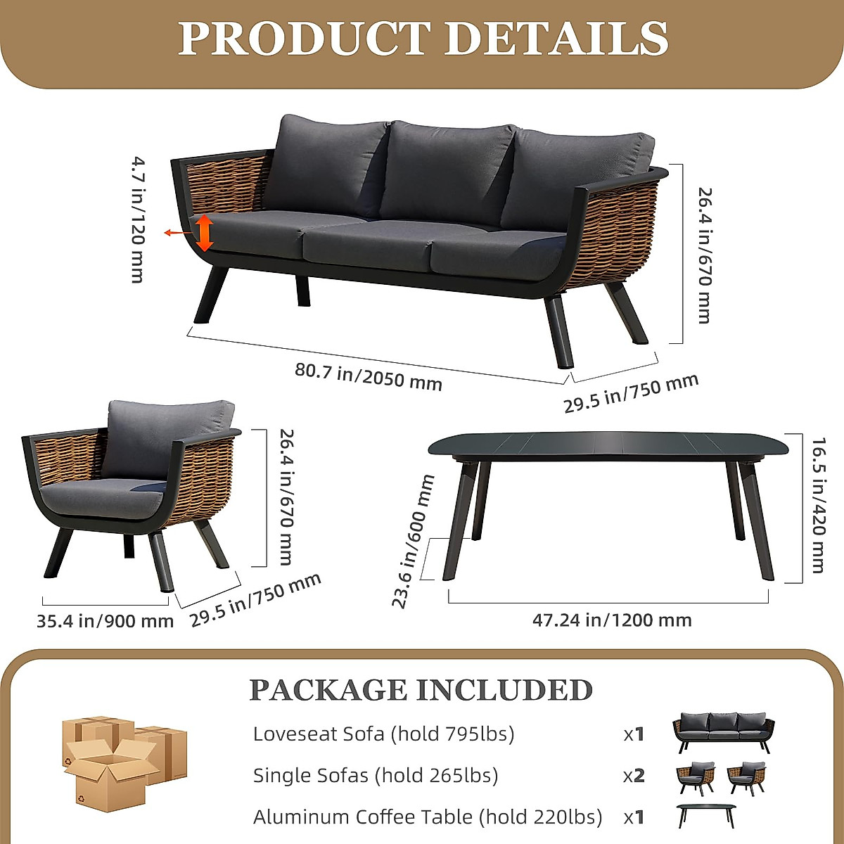 MaluttiLifestyle 5 Piece Patio Outdoor/Indoor Furniture Set, Outdoor Sectional Sofa with Weather-Resistant Cushions and Aluminum Coffee Table, All-Weather Textilene Conversation Set, Black