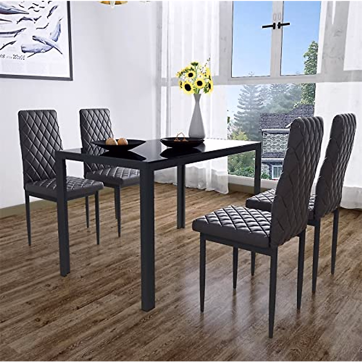 DFONCE 5-Piece Kitchen Dining Table Set Dining Table Set with Glass Tabletop PU Leather Chairs Dining Table Set for 4 for Dining Room Kitchen Dinette and Compact Spac Black