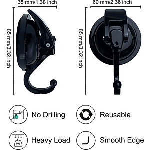 YSSILADI Shower Suction Cups Heavy Duty Vacuum Suction Cups, Glass Suction Cup Hooks, Robe & Towel Hooks Reusable, No Hole Punched, for Garland Decoration (2 Pack, Black)