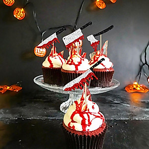 24Pcs Halloween Cupcake Toppers Glitter Horror Blood Knife Cupcake Picks Killer Birthday Cake Decorations for Halloween Blood Knife Theme Birthday Party Supplies