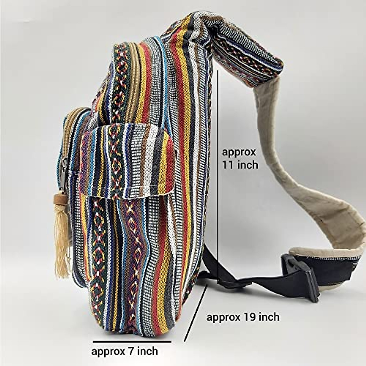 Fwosi Outdoor Crossbody Bag - Unisex Hemp Hippie Boho School Tote for Men & Women - Lightweight, Cotton, Side Shoulder Bags - 5 Compartments, Zipper Closure, Adjustable Strap - Handmade in Nepal