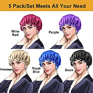 5pcs Drawstring Large Satin Bonnet for Black Women, Double Layer Reversible Silk Hair Cap for Curly Hair Braids,A