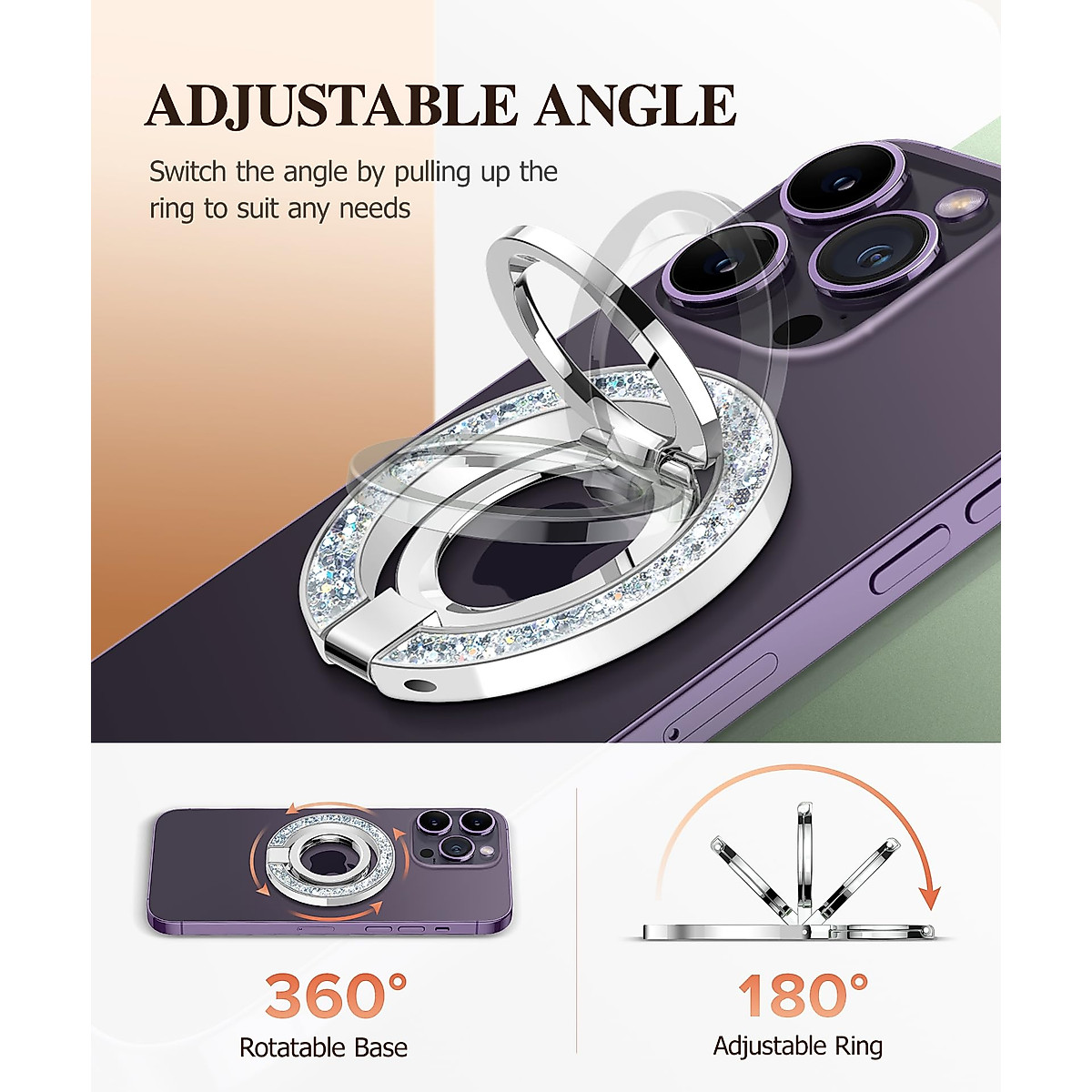 GVIEWIN Bundle - Compatible with Samsung Galaxy S23 Plus Case (Cherry Blossoms/Purple) + Magnetic Phone Ring Holder (Glitter/Silver)