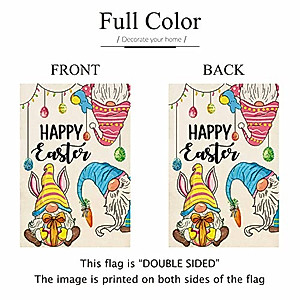 ORTIGIA Easter Gnome Garden Flag Happy Holidays 12x18Inch Burlap Double Sided Colorful Easter Eggs Flag Spring Summer Farmhouse Seasonal Outdoor Flag