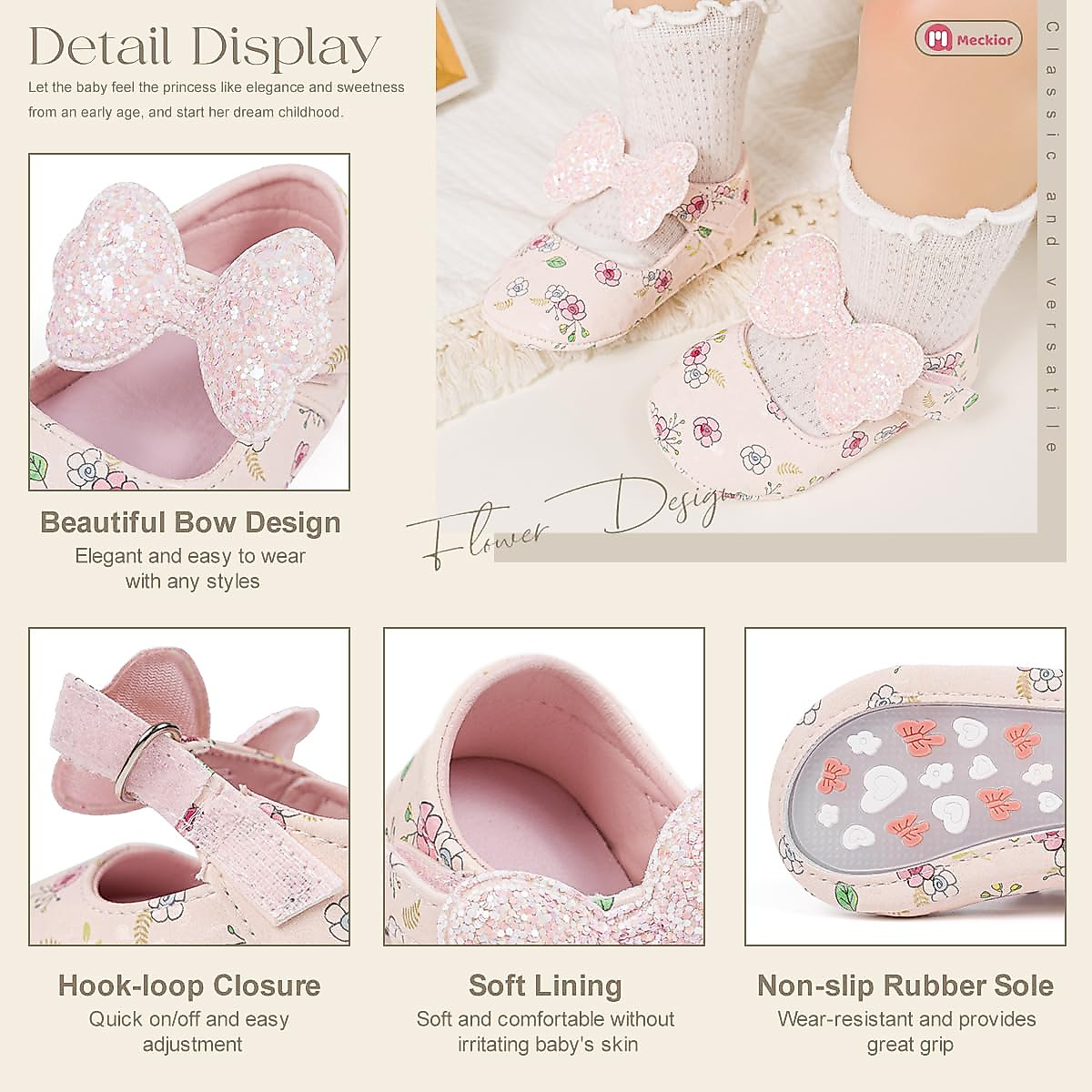 Meckior Infant Baby Girls Boys Handmade Princess Flats Toddler First Walkers Soft PU Leather Non-Slip Crib Wedding Dress Shoes