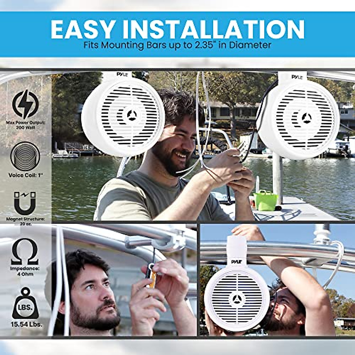 Pyle 6.5” 2-Way Marine Wakeboard Tower Speakers w/LED Lights, Full Range Waterproof Outdoor Speakers for Off-Road ATV, UTV, Jeep or Boat (White)