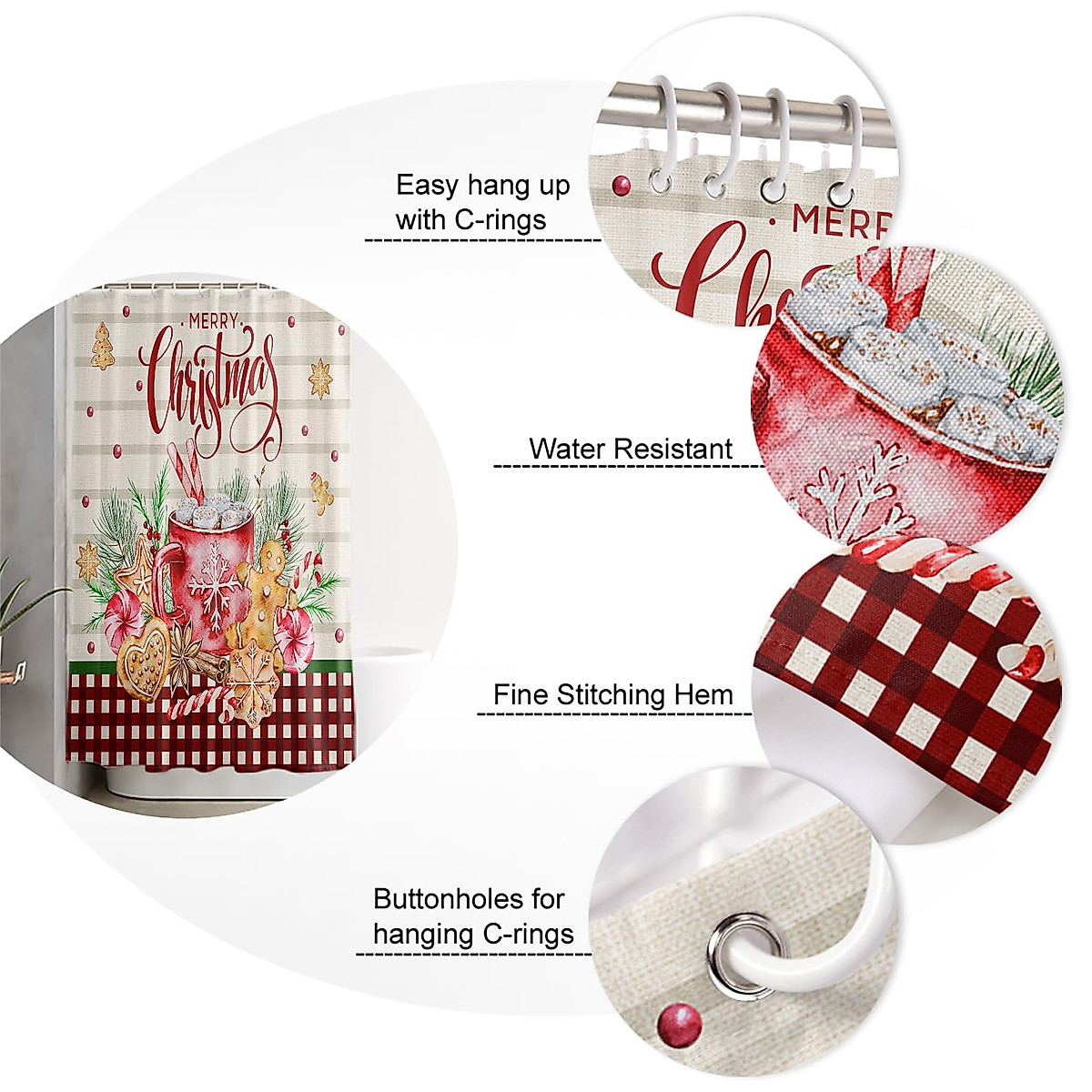 Christmas Fabric Shower Curtain 72x72 Inch, Christmas Hot Cocoa Cotton Candy Gingerbread Man Shower Curtain for Bathroom with Hooks,Waterproof Bath Shower Curtain Sets Decorative Bathroom Accessories