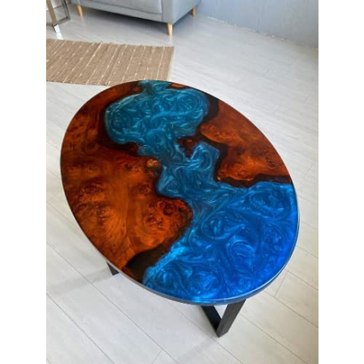 Oval Shape Epoxy Coffee Table with Blue Resin River, Custom Round Acacia Wood Side Circle, Wide Blue Resin River, Blue River Epoxy Table (18X18)