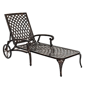VINGLI Outdoor Chaise Lounge Chair with Wheels, Cast Aluminum Patio Chaise Lounge Furniture with 3-Position Adjustable Backrest, Tanning Chair for Poolside (1, Bronze, Without Cushion)