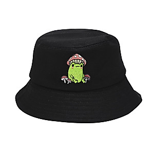 Enodtter Frog with Mushroom Embroidered Bucket Hat for Men Women Girl, Black Summer Travel Fisherman Beach Sun Hat Embroidery Outdoor Cap Unisex