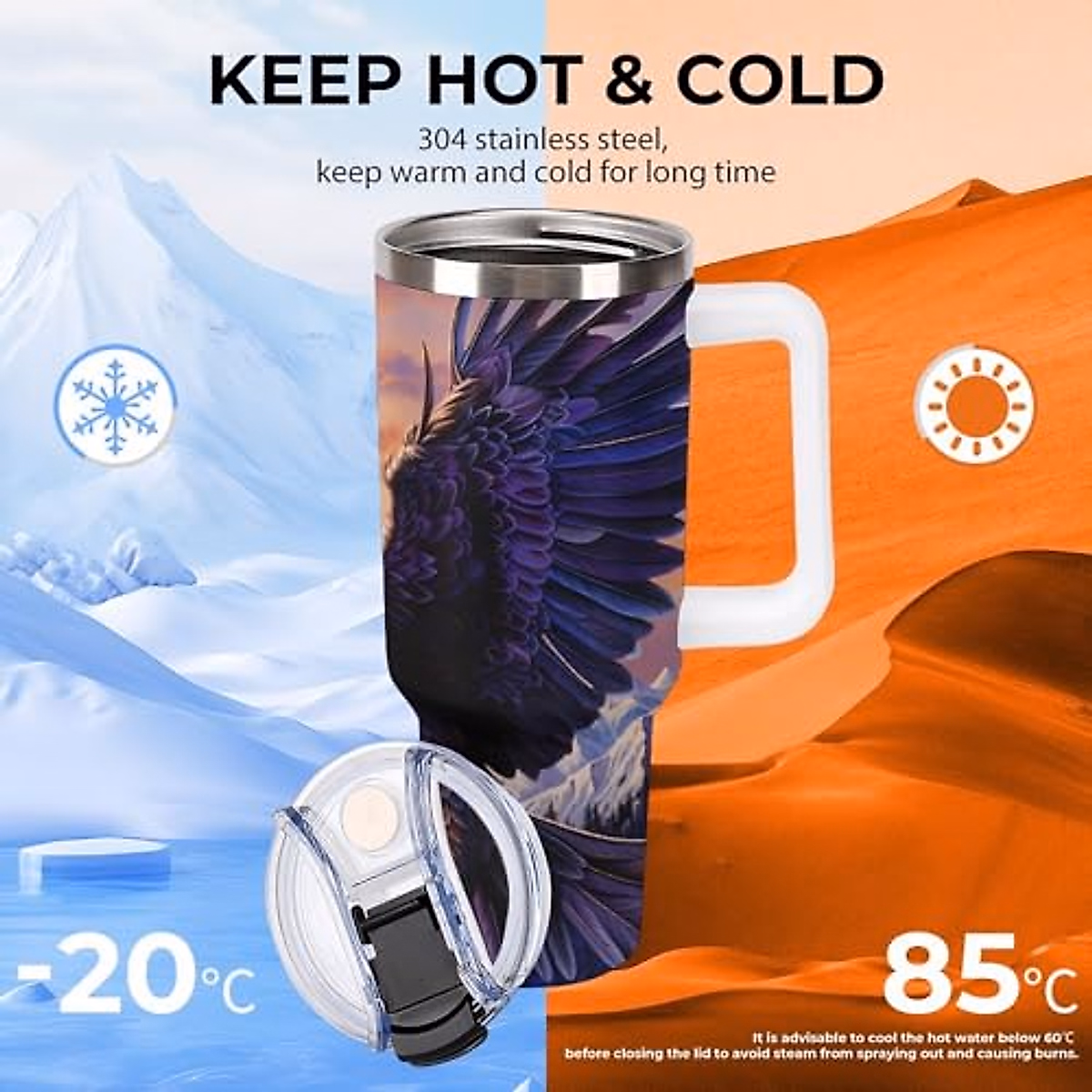 Bald Ea-gle 40 Oz Stainless Steel Cup Travel Tumbler with Handle and Straw Lightweight Coffee Mug for Home Office