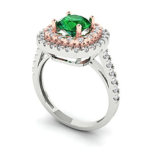 Clara Pucci 1.72ct Round Cut Solitaire double Halo Green Emerald designer Modern Statement Accent Ring 14k two tone Gold 7.25