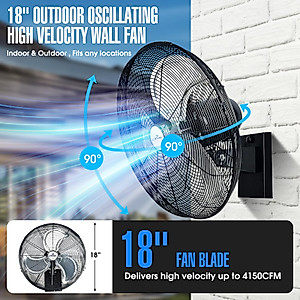 iLiving 18" Outdoor Oscillating High Velocity Wall Fan with 4150 CFM Heavy Duty Weatherproof Motor, Variable Speed Adjustment for Workshop, Garage, Patios, Commercial and industrial, 18 inch,Black