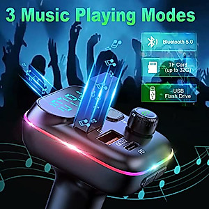 VR robot Upgraded Bluetooth FM Transmitter for Car, Wireless Bluetooth 5.0 FM Car Adapter with Dual USB Ports,Support 20W PD+QC3.0 Fast Charger, Stronger Microphone,7 Colors LED Backlit