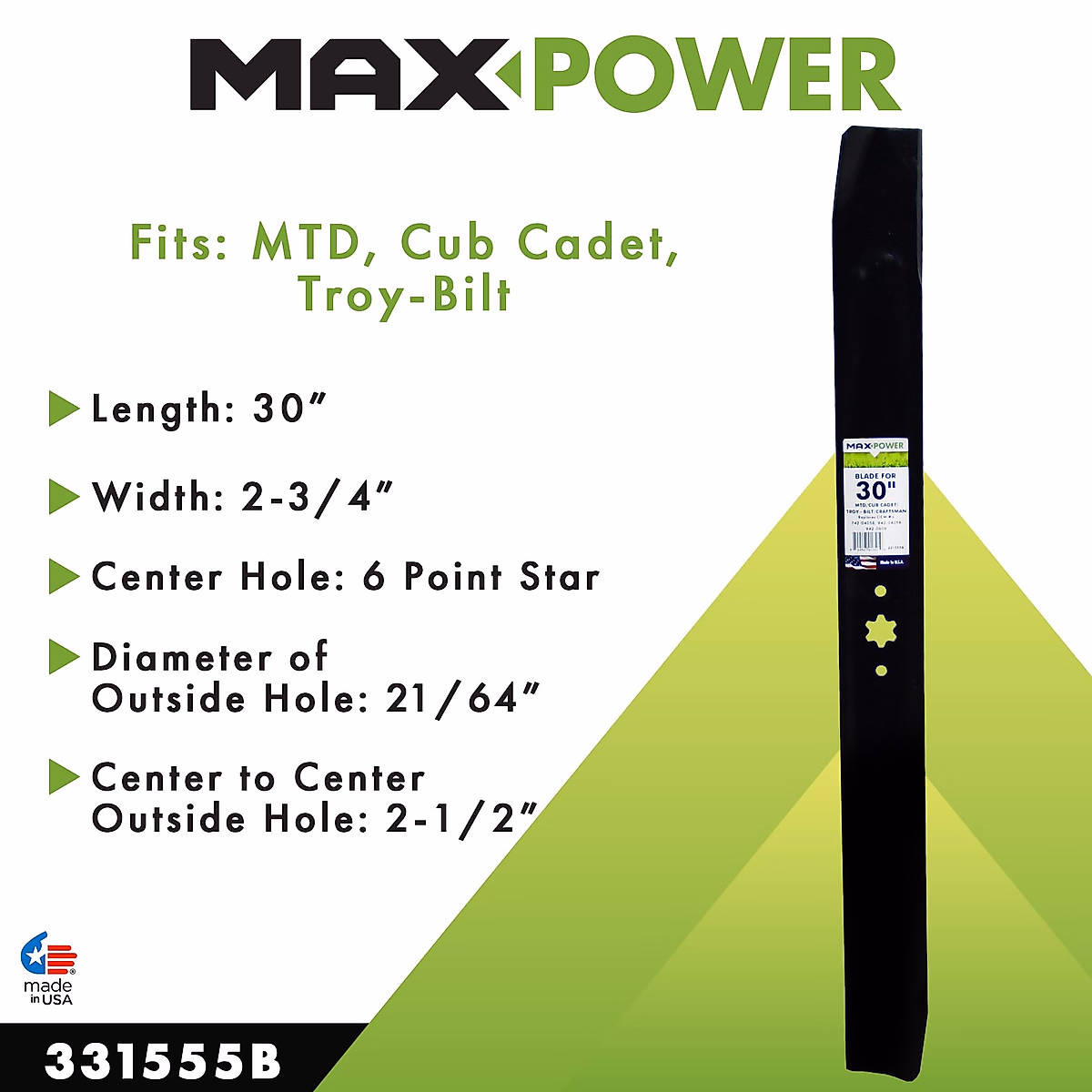 MaxPower 331555B Blade for 30" Cut MTD, Cub Cadet, and Troy-Bilt Replaces OEM # 742-04058, 942-04058, 942-0609, and More Black