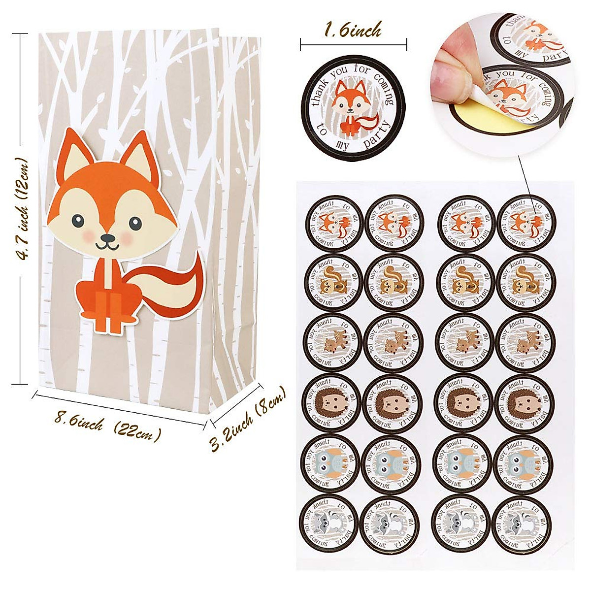 OurWarm 24pcs Woodland Party Favor Bags, 3D Animals Candy Treat Gift Bags with Thank You Stickers for Kids Woodland Animals Theme Baby Shower Birthday Party Decorations Supplies, 6 Styles