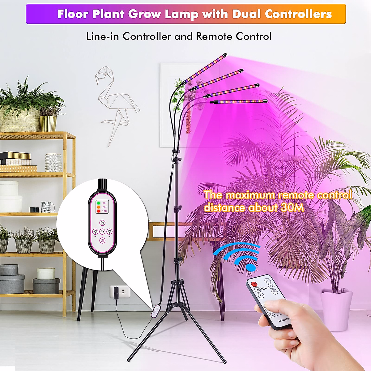 Felibeaco Plant Grow Light with Adjustable Tripod Stand (14"-63"), 4 Head Floor LED Grow Lamp for Indoor Plants with Dual Controllers,100W Full Spectrum Plant Lights with Timer, 10 Brightness