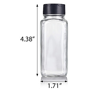 JUVITUS 4 oz / 120 ml Clear Glass Square Spice Jar with Black Sifter (12 pack) - Two Sided Sifter Cap (shaker holes/pour open) and Freshness Seal for a professional look