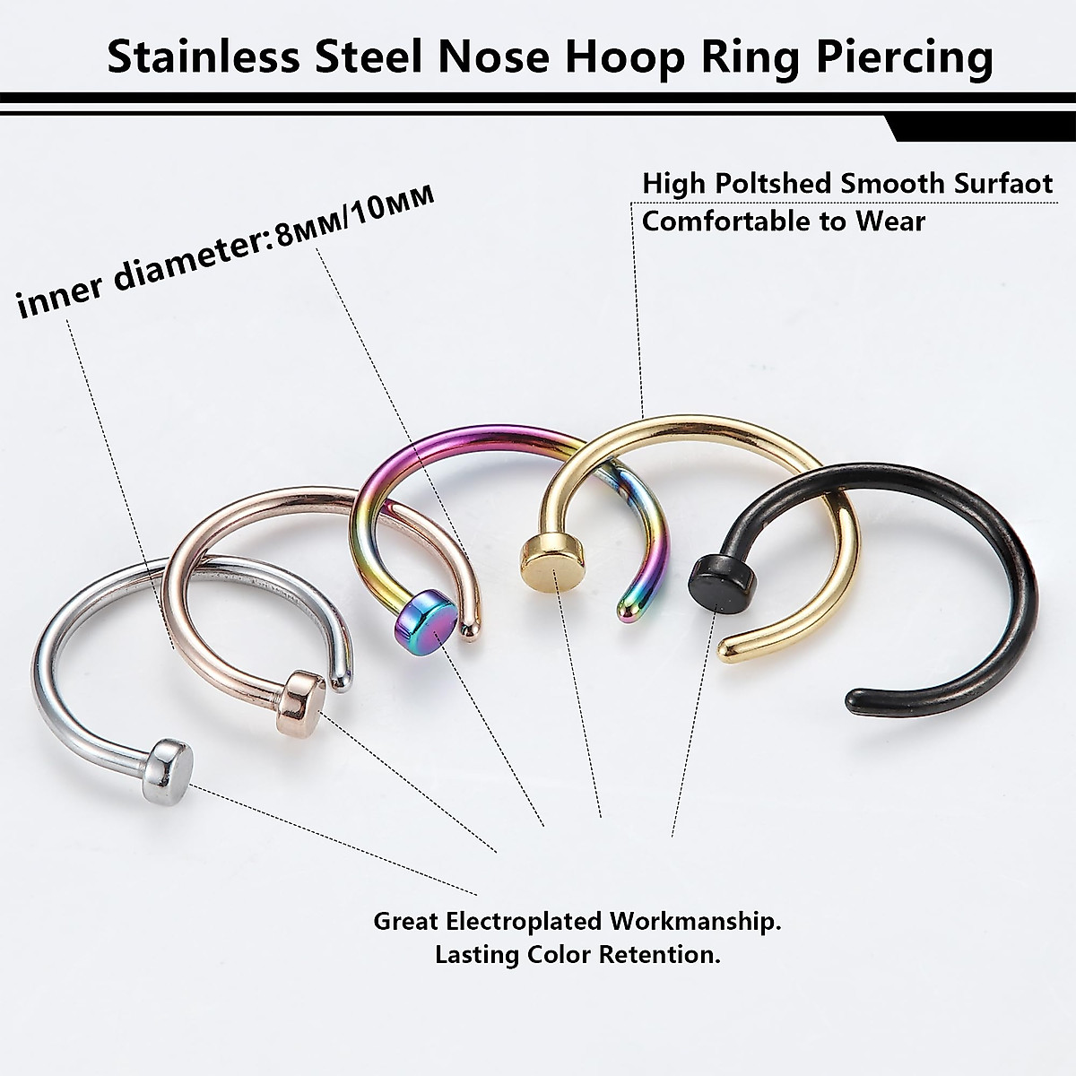 FIBO STEEL 18G-22G 5PCS Stainless Steel Body Jewelry Piercing Nose Ring Hoop (5mix color, 20G,8MM)