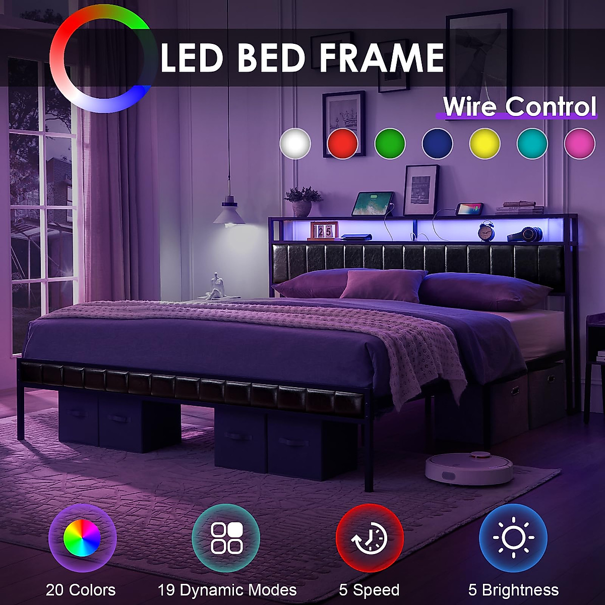 AMERLIFE King Size Platform Bed Frame, LED Bed Frame with PU Leather & Charging Station, 2-Tier Storage Headboard/No Box Spring Needed/Noise Free, Black