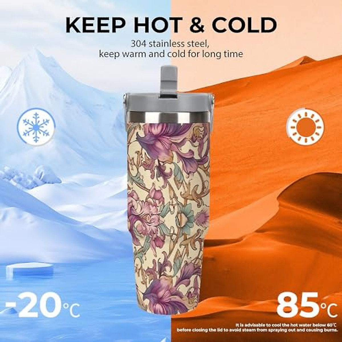 WITHSBKK 30oz Car Cup Purple Flower Printed with Portable, Stainless Steel Travel Mug, Vacuum Insulated Tumbler And Straw, Leakproof for Car & Outdoor, UV Printed Design