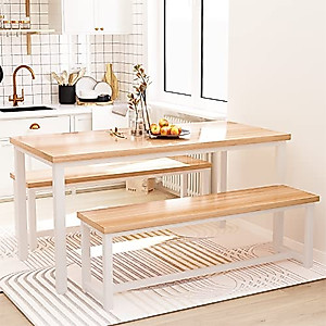 Recaceik Dining Room Table Set with 2 Benches, Kitchen Dining Table Set for 2-4 Person, Space Saving Kitchen Table and Chair Set with Metal Frame for Dining Room, Small Space, Breakfast Nook(Walnut)