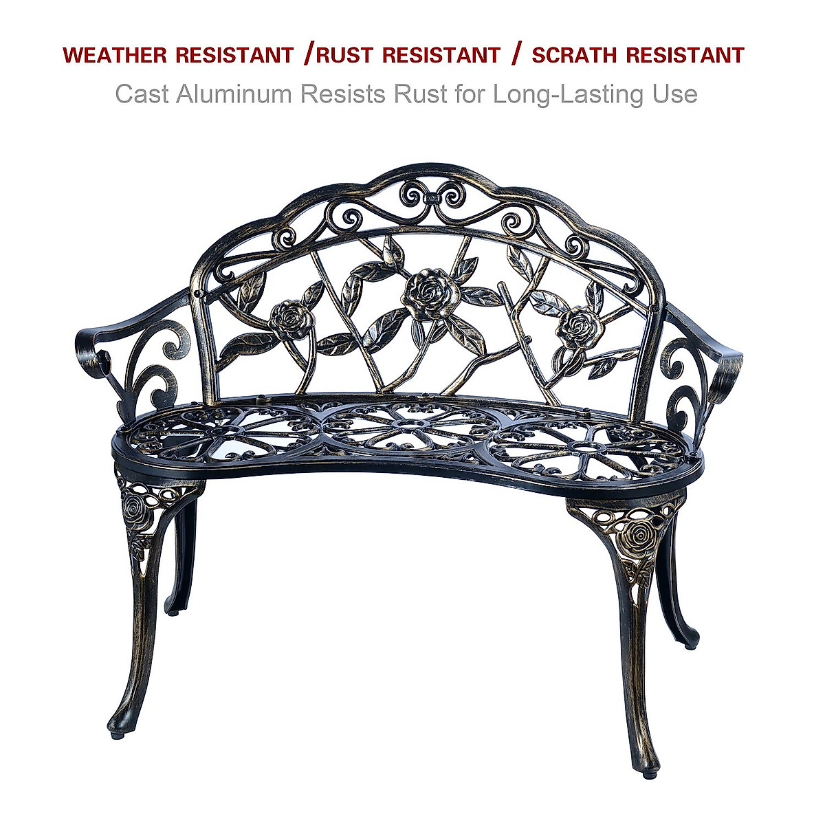 C/G Patio Balcony Bench Double Seat, Anti-Rust Cast Aluminum Patio Garden Bench for Park Yard Outdoor Furniture Copper