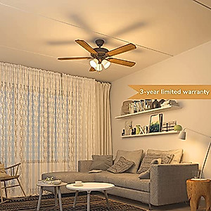 Inlight 52 Inch Indoor Ceiling Fan with 3 Lights and Pull Chain Control, Home Decor Ceiling Fan, Oil Rubber Bronze Reversible Motor, 5 Blades Low Profile Ceiling fan for Bedroom, 120V, IN-0702-2-BZ