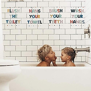 PAGOW 8PCS Kids Bathroom Decor, Washroom Rules Decoration Set, Colorful Inspirational Words Painting for Toilet Wall Sticker（Unframed）