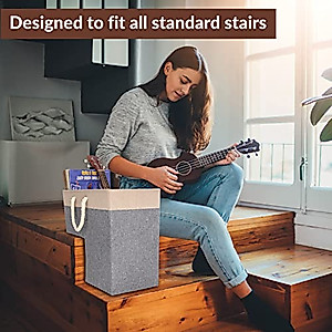SAM AND MABEL Stair Basket for Stairs - Stair Baskets for Carpeted and Wooden Stairs, Collapsible Staircase Basket, Stair Step Basket Storage Organizer for Office and Home Decor (Soft Beige and Gray)