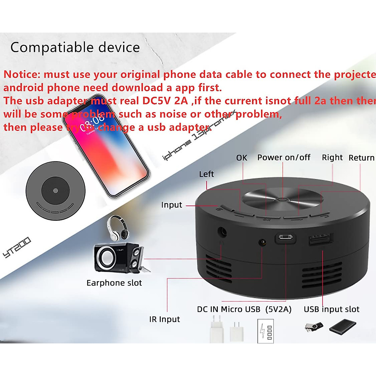 Portable Home Mini USB Projector for Phone with Remote Controller Built-in Speaker,Audio Port,Android iOS Phone Tablet USB Flash Driver Compatible