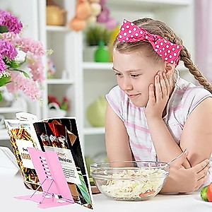 Honagu Mini Book Stand Book Holder Metal Desk Book Stand for Reading Hands Free, Adjustable Cookbook Documents Holder, Portable Bookstand for Music Books, Textbook, Recipe,Tablet, Ipad(Pink)
