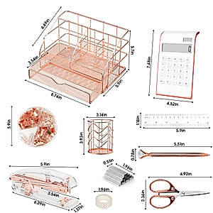Rose Gold Desk Organizers and Accessories, Office Supplies with Calculator, Acrylic Stapler, Pen Holder, Clips, Scissor Pen, Mesh Desktop Organizer with Drawer for Women, Student, Office, School