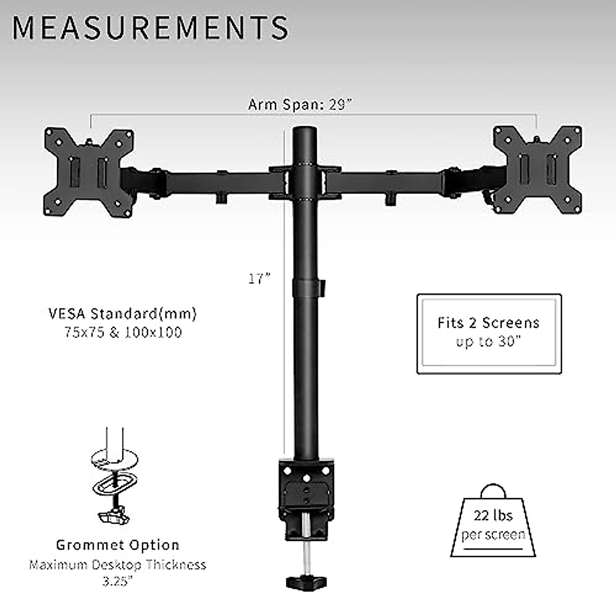 VIVO Dual Monitor Desk Mount, Heavy Duty Fully Adjustable Steel Stand, Holds 2 Computer Screens up to 30 inches and Max 22lbs Each, Black, STAND-V002