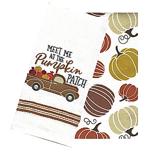 Mainstream Fall Kitchen Towels, Set of 2, Vintage Bronze Truck Meet Me at The Pumpkin Patch and Print Cotton Terry Dishtowels Drying Cloth 16 x 26 inches White, Bronze, Brown, Gold, Orange Wine, Grey