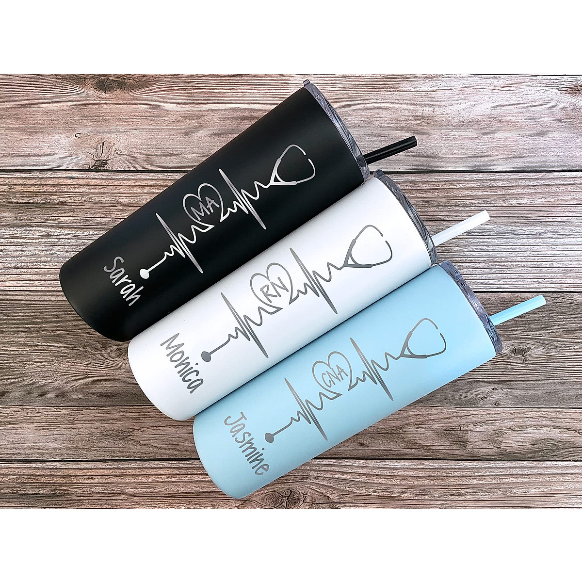 Heartbeat Nurse's Personalized Laser Engraved 20 oz Stainless Steel Skinny Tumbler with Custom Stethoscope by Avito - Includes Straw and Lid - Nurse RN, CNA, PA - Nurse Gift