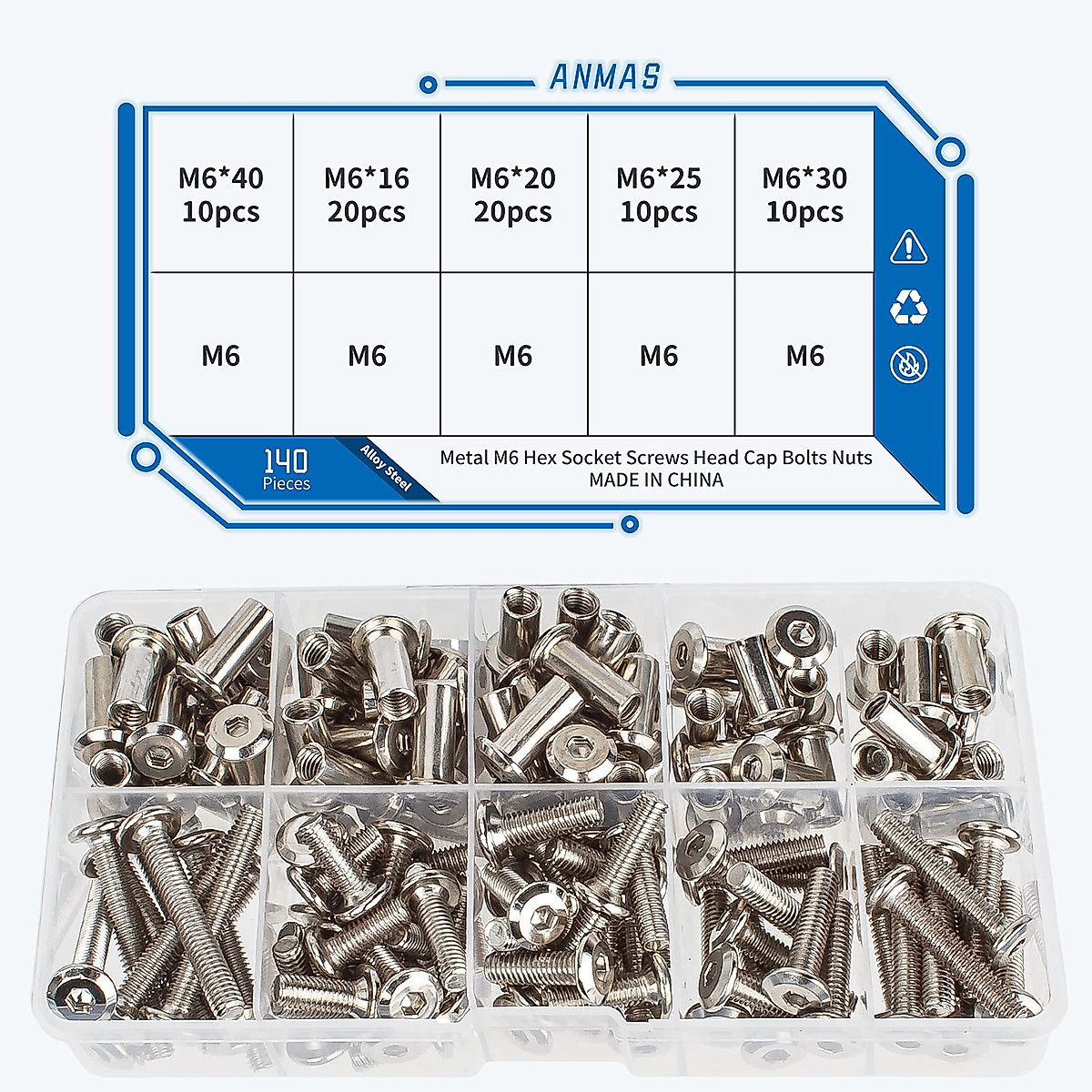 M6 x 16mm/20mm/25mm/30mm/40mm 140Pcs Hex Socket Screws Head Nuts with 1Pc Allen Wrench