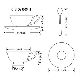 Panbado 3 Piece Bone China Tea Cup Saucer Set with Spoon Porcelain Gold Rimmed Teacup Coffee, Flower and Birds, 200 mL/6.8 oz, Blue Cup & Saucer, Dark