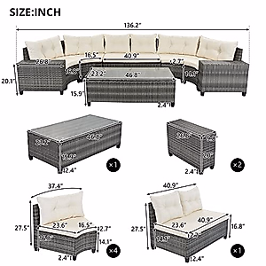 GODAFA 8-Piece Outdoor Wicker Round Patio Furniture Set-Half-Moon Sectional Sofa with Rectangular Coffee Table-Water-Resistant PE Rattan-Movable Cushions, Beige