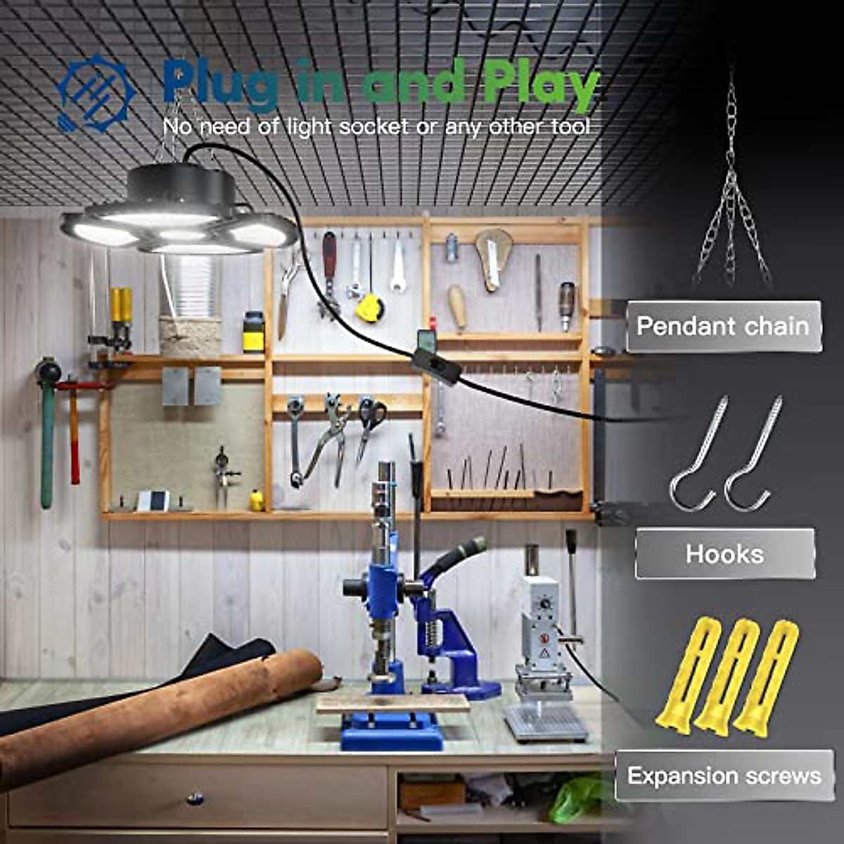 FREELICHT 4 Pack LED Garage Lights with Plug, 90W 9000LM Hanging Deformable Garage Ceiling Lighting 6500K with 4+1 Adjustable Panels, Corded Linkable Shop Light for Basement, Barn, Workbench