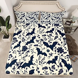 Feelyou Bats Halloween Bed Sheets Bat Queen Size Bedding Set Decoration for Kids Boys Girls Cartoon Gothic Spooky Fitted Sheet Halloween Sheets Set,No Top Sheet