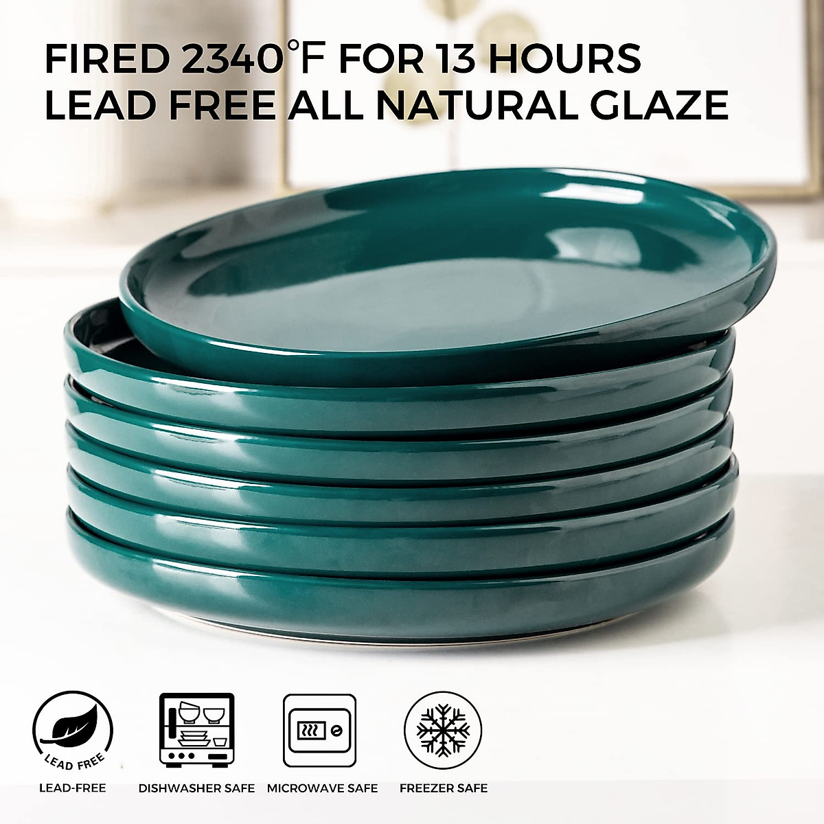 AmorArc Ceramic Plates Set of 6, 8.0 Inch Round Stoneware Salad Plates Use for Dessert, Salad, Appetizer etc,Microwave and Dishwasher Safe, Scratch Resistant Small Deep Dinner Plates-Green